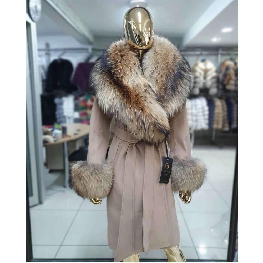 Neuf femmes vrai raton laveur fourrure col brassard mélange cachemire ...