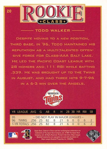 Todd Walker 1997 Collector's Choice 20 Minnesota Twins Rookie Baseball ...