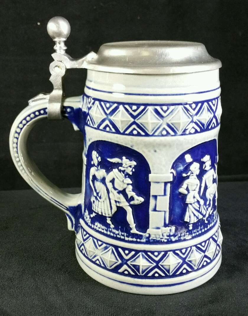 W German Staffel Stoneware Stein Blue On Gray Dancers DPM ZINN Lid 5 3/ ...