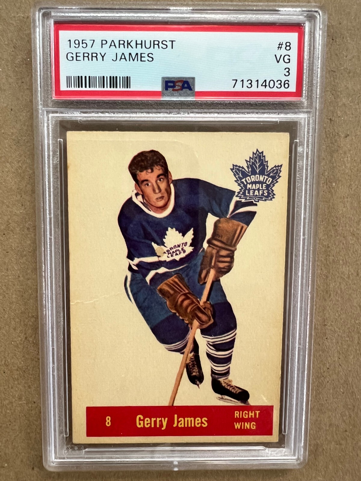 1957-58 Parkhurst #T8 Gerry James Rookie Maple Leafs PSA 3 (Set Break ...