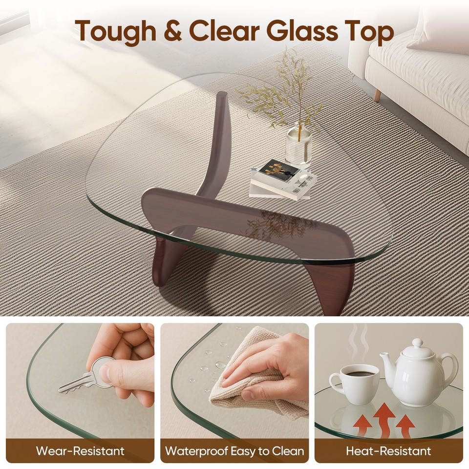 Glass Coffee Table with Solid Wood Base 0.8” Clear Triangle Glass ...