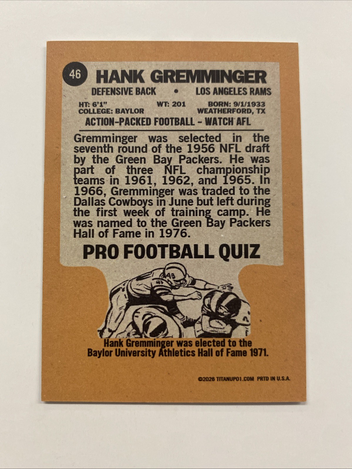 B-157 1967 Style Football Hank Gremminger Los Angeles Rams Custom Card ...