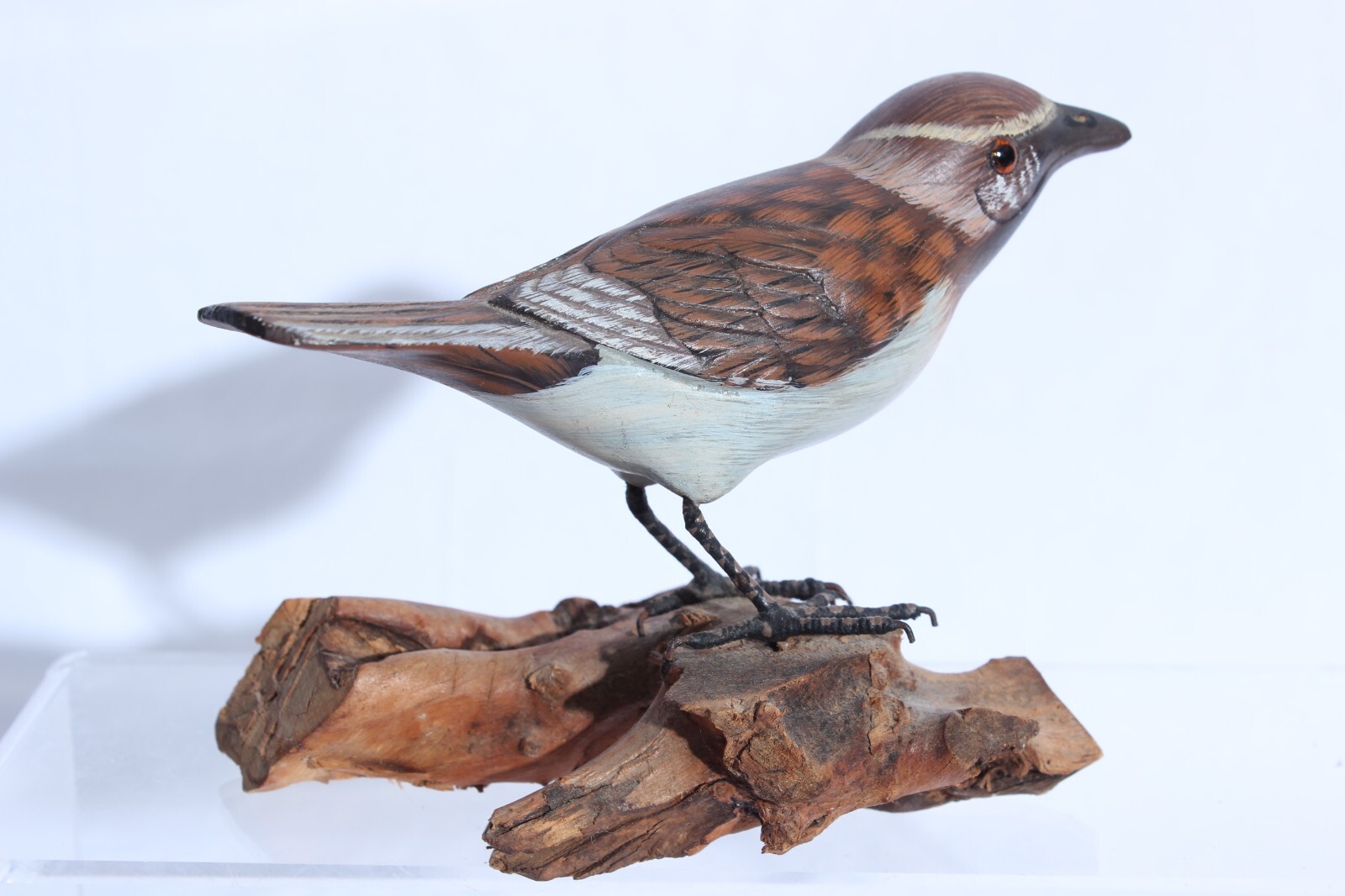 Wood Carved Hand Painted Sparrow Bird Figurine Perched On Wood Base 4 ...