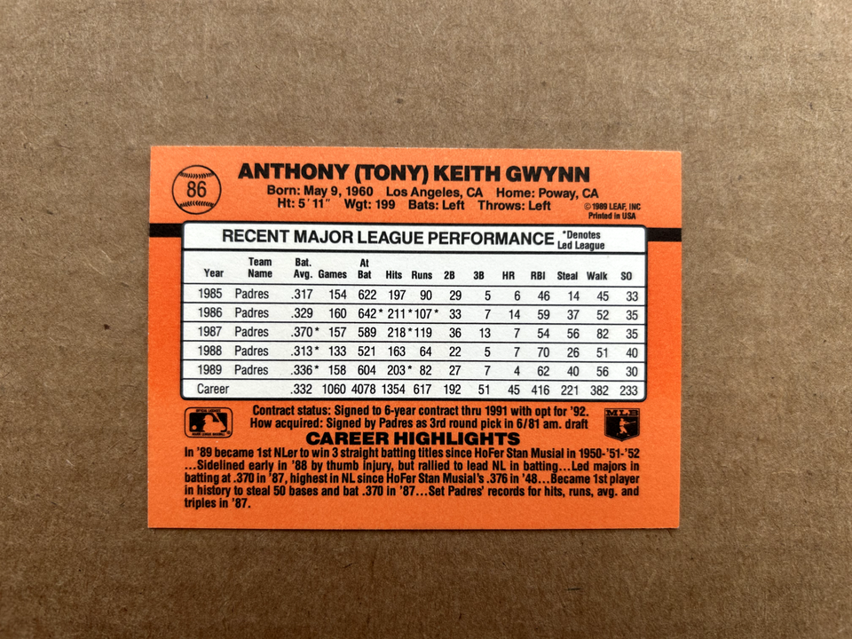 1990 Donruss Tony Gwynn #86, Error Card no "." after INC | eBay