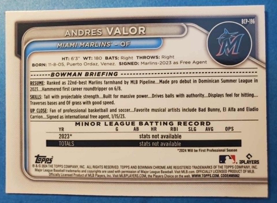 2024 Bowman #BCP-196 Andres Valor 1st Bowman Miami Marlins EPR: 35K | eBay