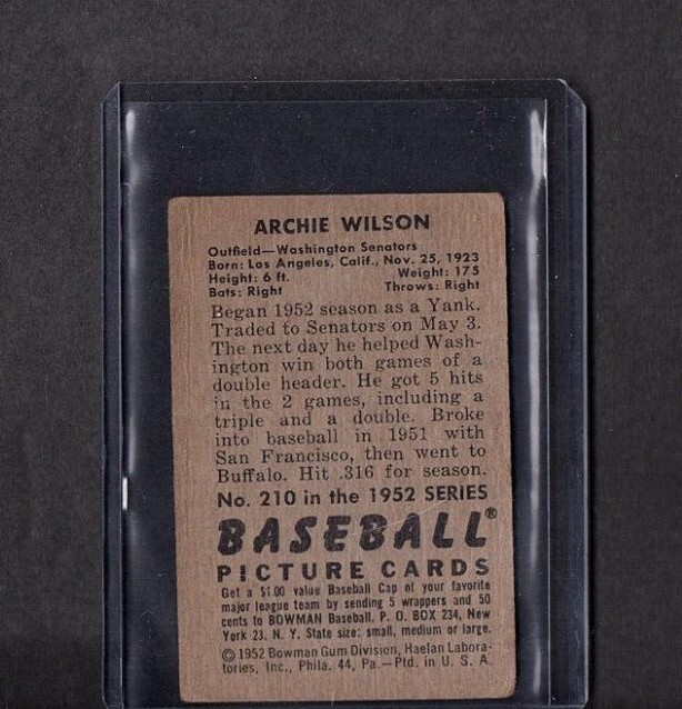 1952 BOWMAN VINTAGE BASEBALL CARD #210 ARCHIE WILSON WASHINGTON ...