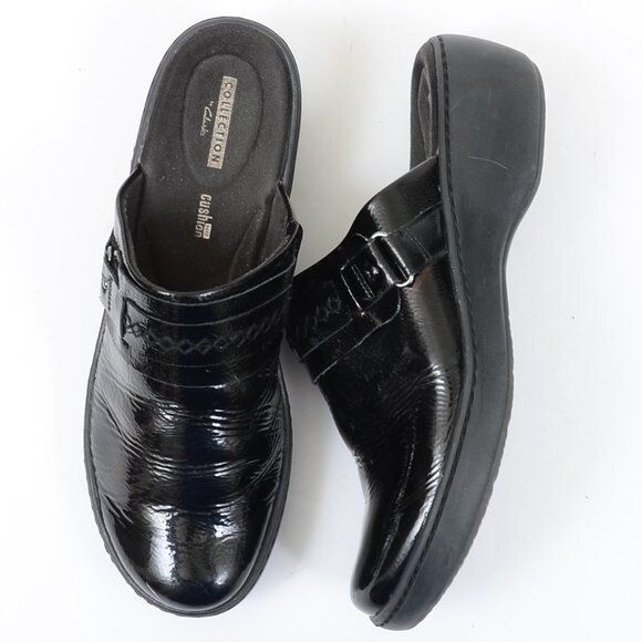 Clarks Women's Black Patent Delana Amber Clog Slide Slip On Shoes Size ...