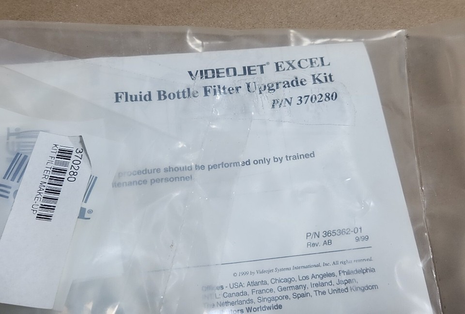 *BRAND NEW* Videojet 370280 Excel Fluid Bottle Filter Upgrade Kit ...