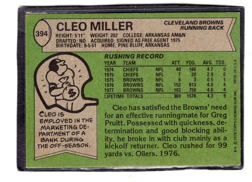 1978 CLEO MILLER - Topps Football Card- # 394 - CLEVELAND BROWNS | eBay