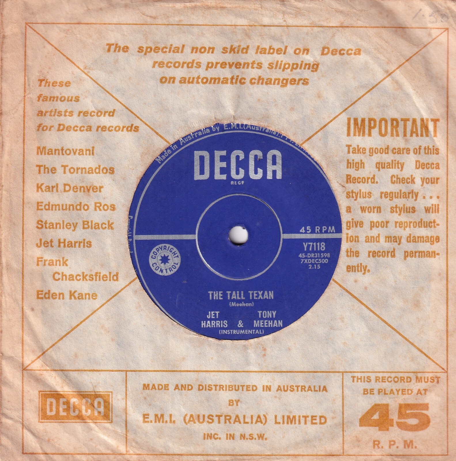 Jet Harris & Tony Meehan (The Shadows) Decca 45rpm single-Applejack ...