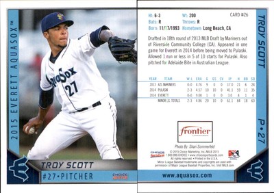 Troy Scott 2015 Choice Everett AquaSox #26 RC Card Worcester Bravehearts | eBay