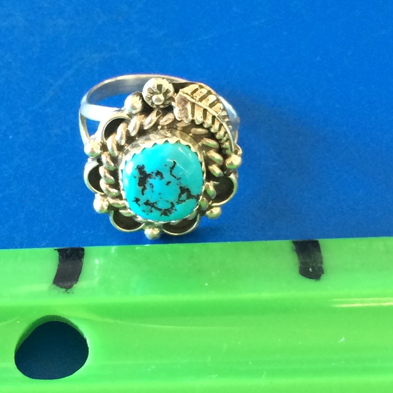 Native Ring Sterling Silver Blue Turquoise Flower Leaf Indian FREE ...