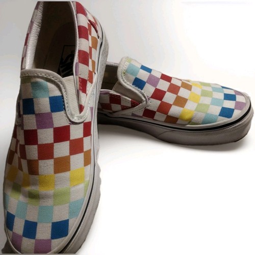 Vans Rainbow Checkerboard Mens Sz 4 Womens Sz 5.5 White Canvas Slip On ...