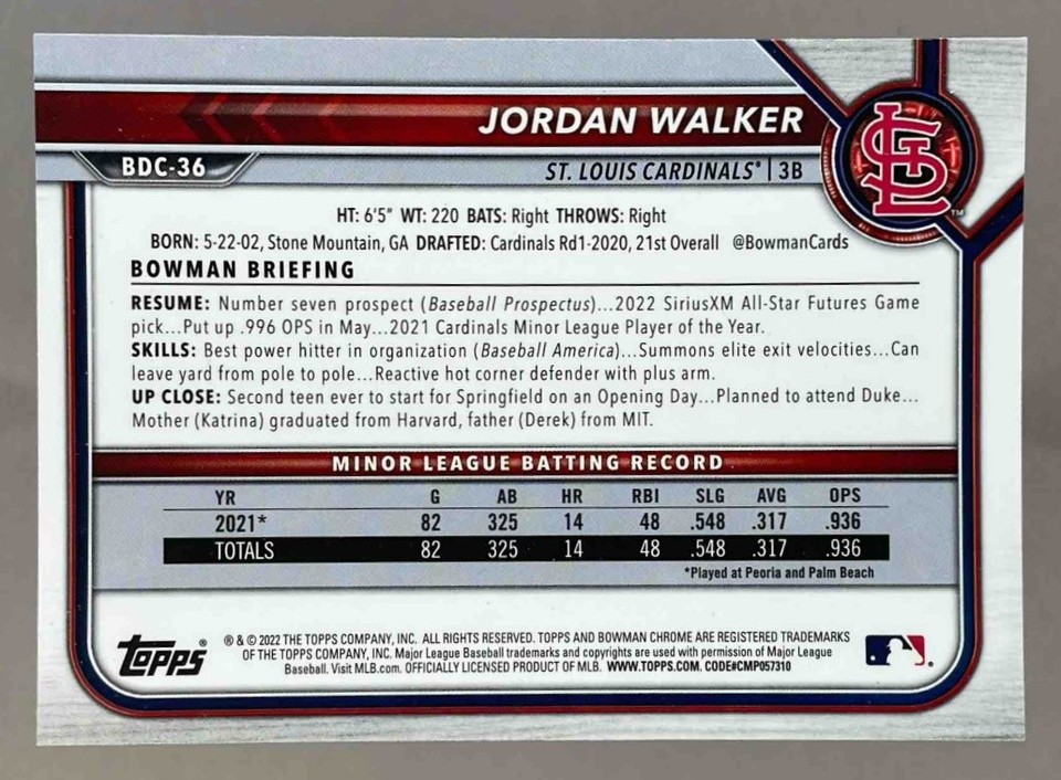 2022 BOWMAN DRAFT JORDAN WALKER CHROME #BDC-36 ST. LOUIS CARDINALS | eBay