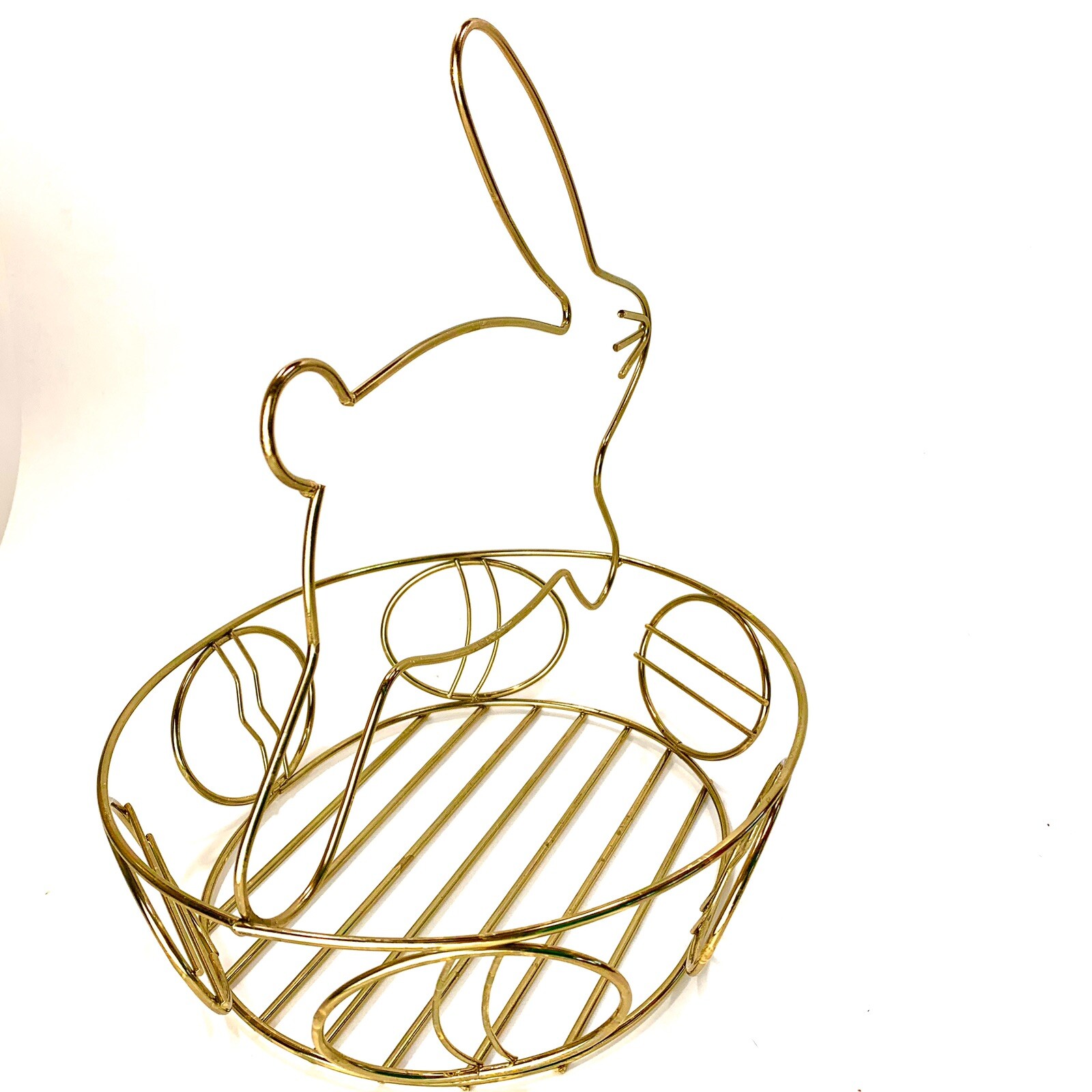 Large Gold Tone Brass Easter Basket Hopping Bunny & Easter Eggs Wire 12 ...