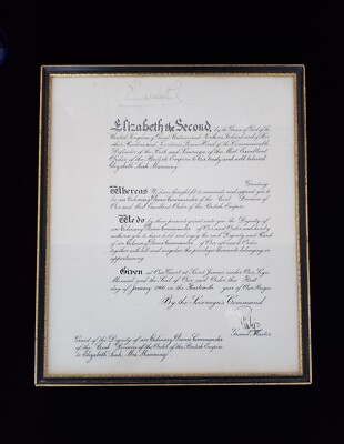 Queen Elizabeth II Signed Royal Order of The British Empire Certificate ...