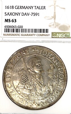Moneda Taler De Sajonia 1618 NGC MS 63 F.STG/STG Thaler UNC Alemán RARO ...
