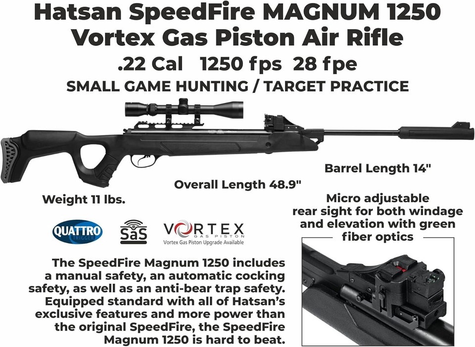 Hatsan SpeedFire Magnum 1250 .22 Cal Black QE Break Barrel Air Rifle, 1250fps | eBay