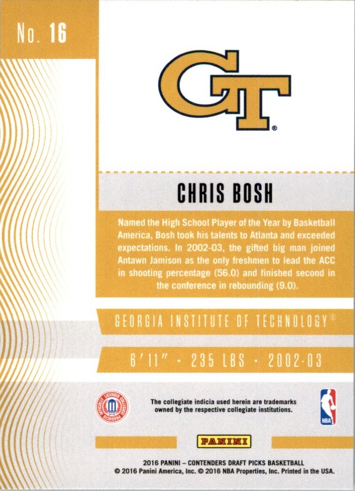 2016-17 Panini Contenders Draft Picks Chris Bosh Georgia Tech Yellow ...