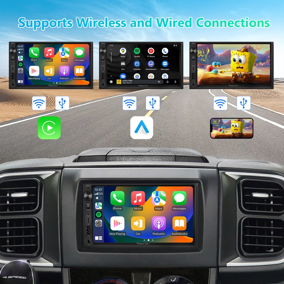 Wireless Android Auto Apple CarPlay Stereo 7" QLED Touch Screen Car GPS ...