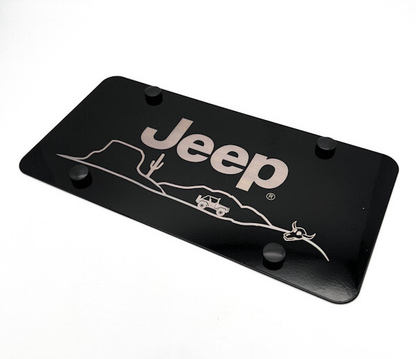 Black Stainless License Plate w/ Jeep Script Logo Emblem & Desert Scene ...