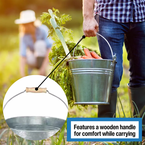 15L LARGE TRADITIONAL GALVANISED STRONG STEEL METAL BUCKET WITH WOODEN ...