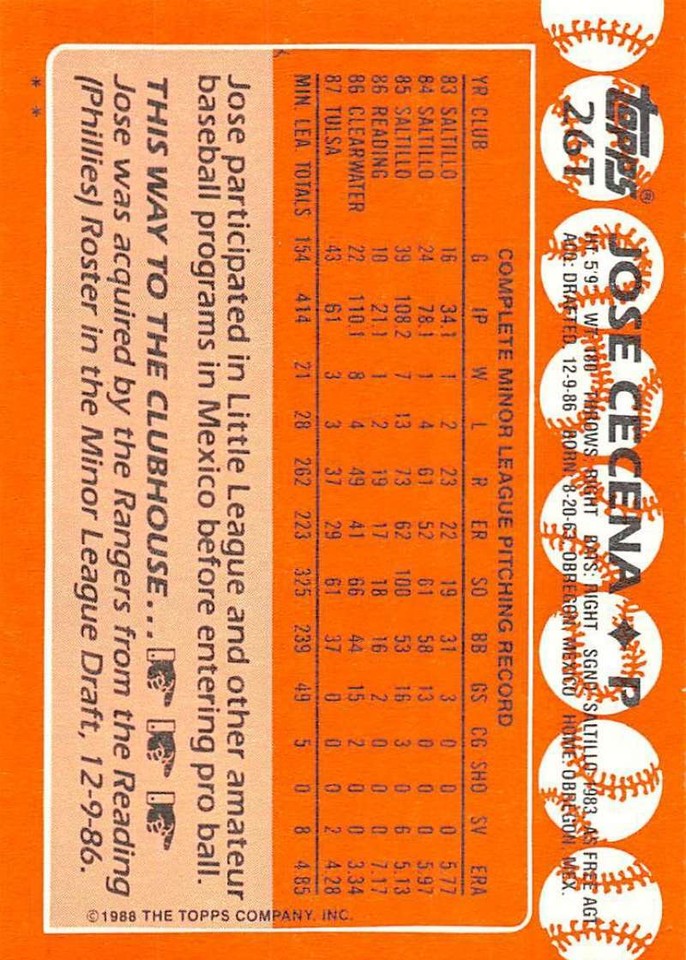 1988 Topps Traded #26T Jose Cecena NM-MT RC Rookie Rangers | eBay