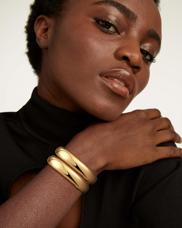 2Pcs Bangle Bracelets for Women Gold Arm Cuff 14K Gold Plated Chunky ...