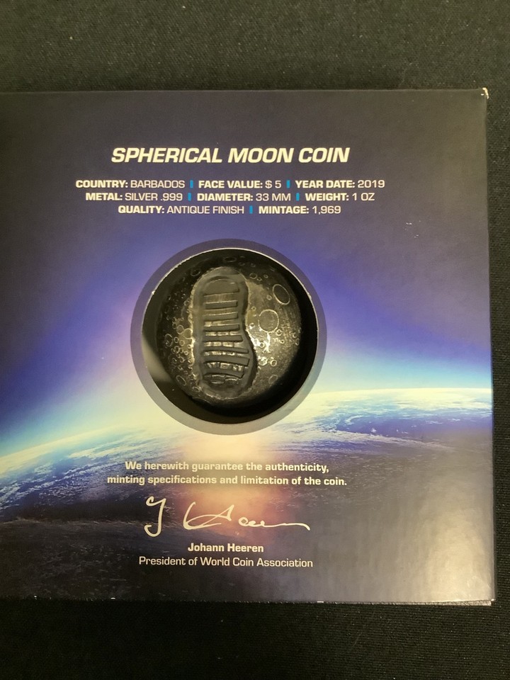 2019 Barbados Spherical .999 Silver Commemorative Apollo 11 Moon ...