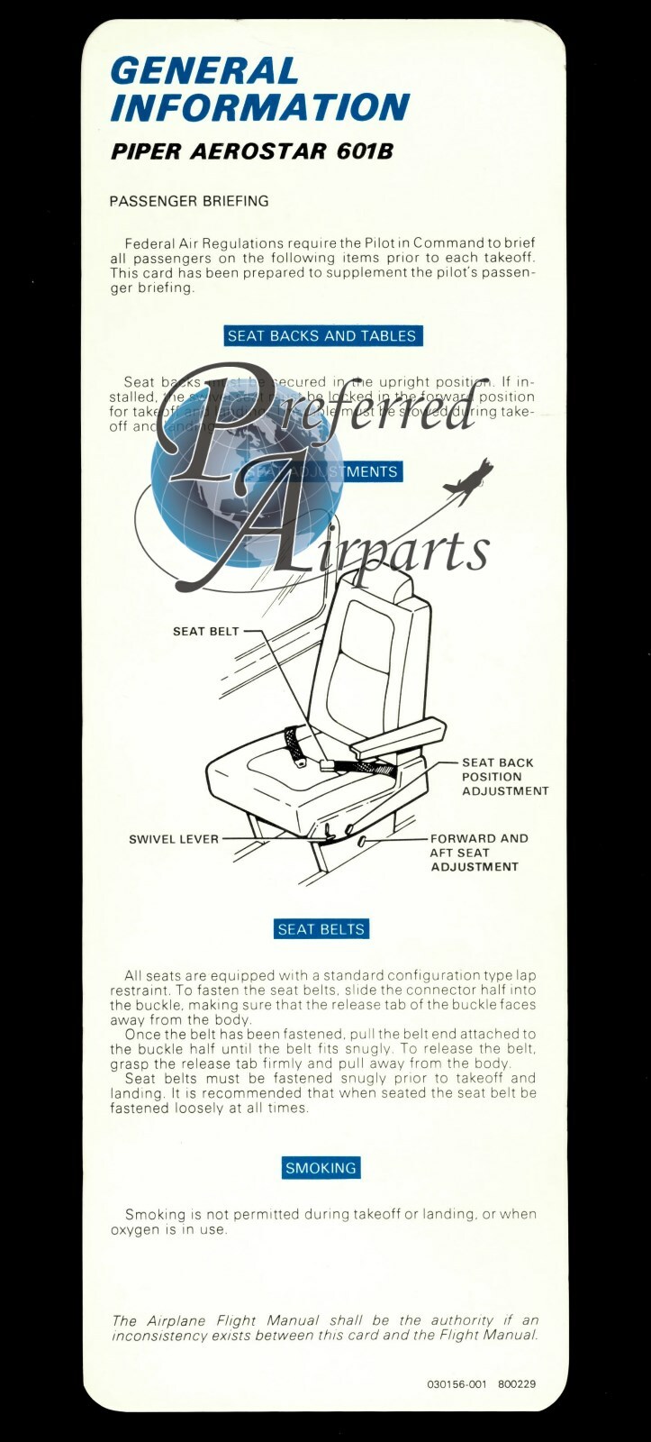 Lot of 10 Piper Aerostar 601B Passenger Briefing Cards PN 030156-001 | eBay