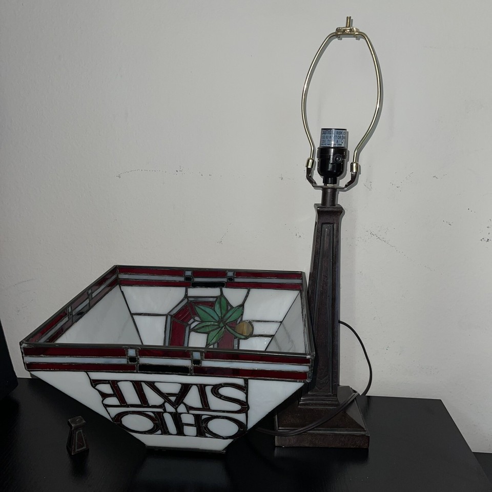 HEAVY Tiffany Style Stained Glass Ohio State University Lamp 22.5” Rare ...