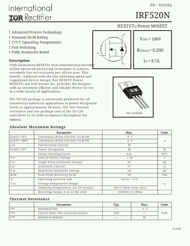 5 Pcs IRF520 IRF520N TO-220 N-Channel IR Power MOSFET USA Seller free ...