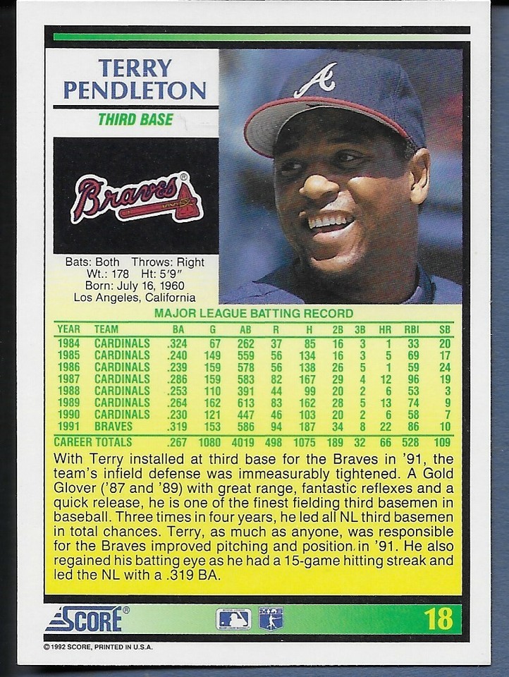 1992 Score #18 Terry Pendleton Atlanta Braves NM | eBay