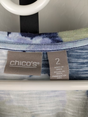 Chico's size 2 Large 3/4 Sleeve Knit Tunic Top Blue Floral Cotton Modal ...