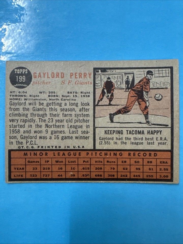 1962 Topps Gaylord Perry ROOKIE Card #199 San Francisco Giants VG ...