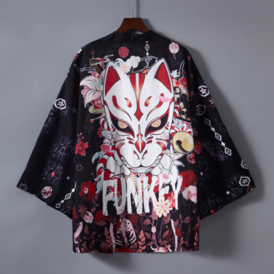 Men Fox Kimono Jacket Coat Cardigan Japanese Retro Printed Casual ...