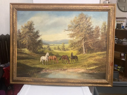 Original Antique Horses Oil Painting on Canvas Framed signed by Hans ...