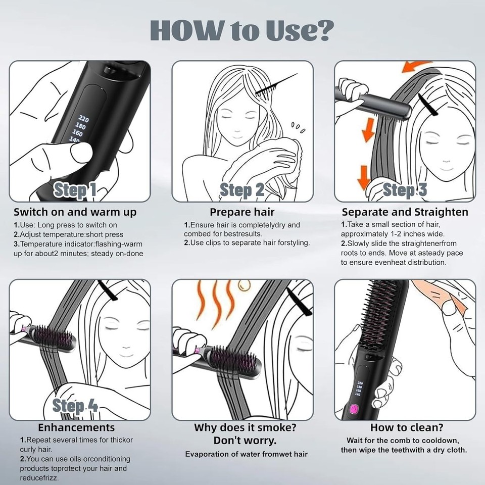 Go Brush Pro Cordless Hair Straightener Brush Portable Rechargeable ...