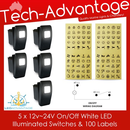 5 x 12V~24V White LED On/Off Rocker Switch + Stickers - Boat Caravan ...
