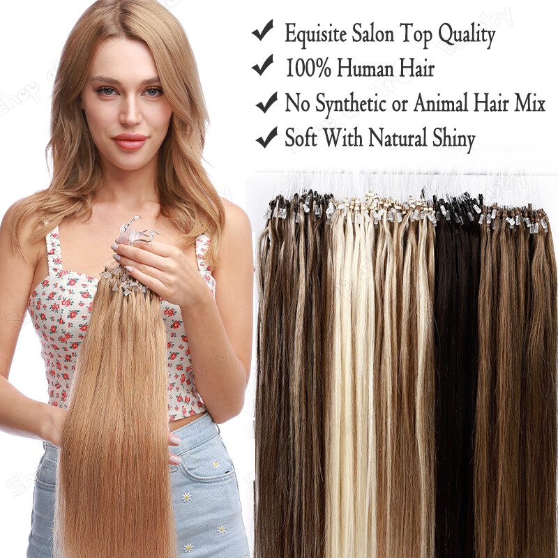 300PCS Micro Loop 100% Remy Human Hair Extensions Nano Ring Bead Full ...