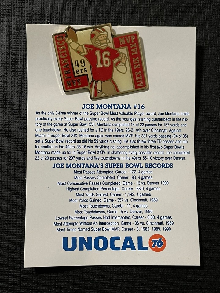 Unocal 76 Joe Montana 49ers Super Bowl XVI XIX XXIV MVP Pin San ...