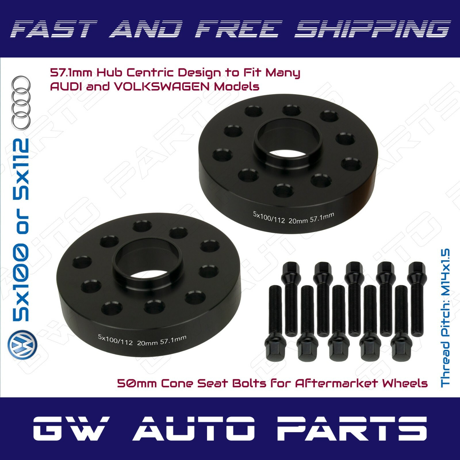 2 20mm 5x100/5x112 Audi Volkswagen Hub Centric Wheel Spacer Kit Cone ...