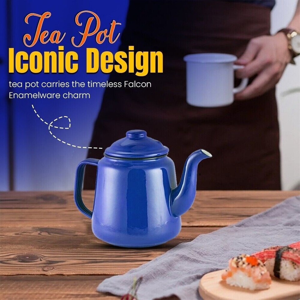 Falcon Blue Enamel Tea Pot w/ Handle & Lid 14cm Coffee Maker Kettle ...