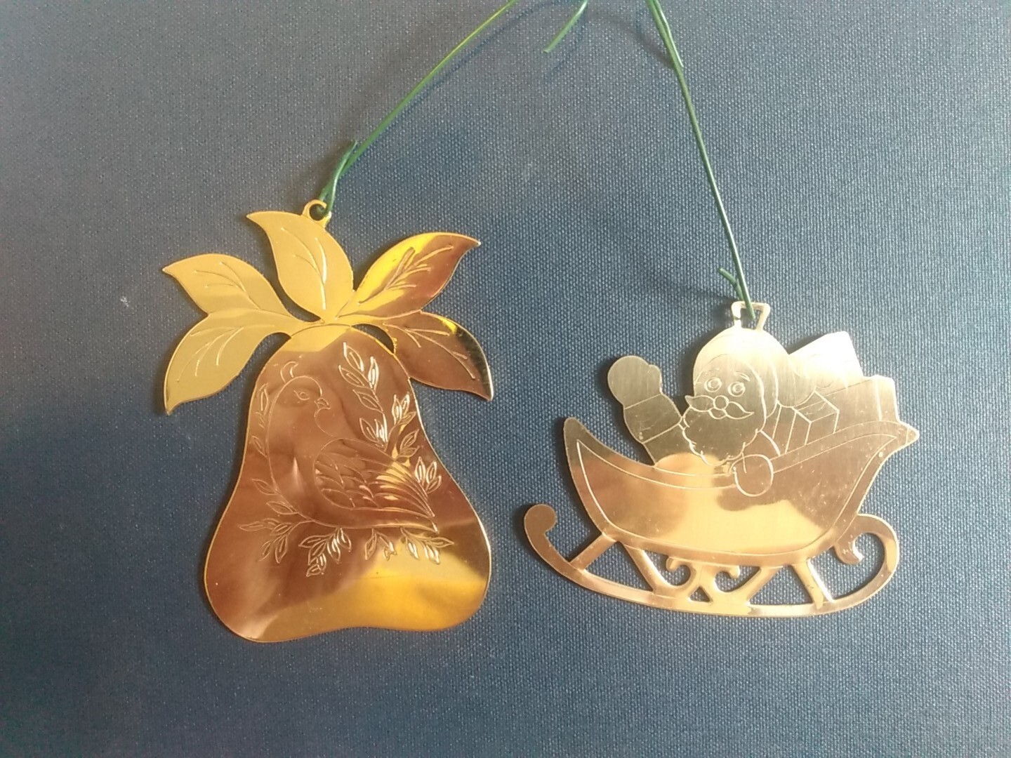 Lot of 2 Gold-Colored Ornaments - Partridge in a Pear Tree, Santa ...
