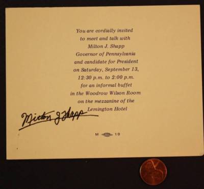 1976 Pennsylvania Governor Milt Shapp for President signed autograph ...
