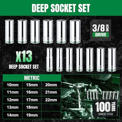 3/8" Drive Socket Set Metric Sockets, 13-Piece 10-22mm, SuperKrome Deep ...