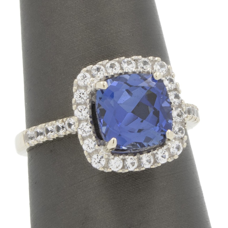 14k White Gold Cushion Blue 3.10CTW Sapphire Colorless Halo Ring #JB546 ...