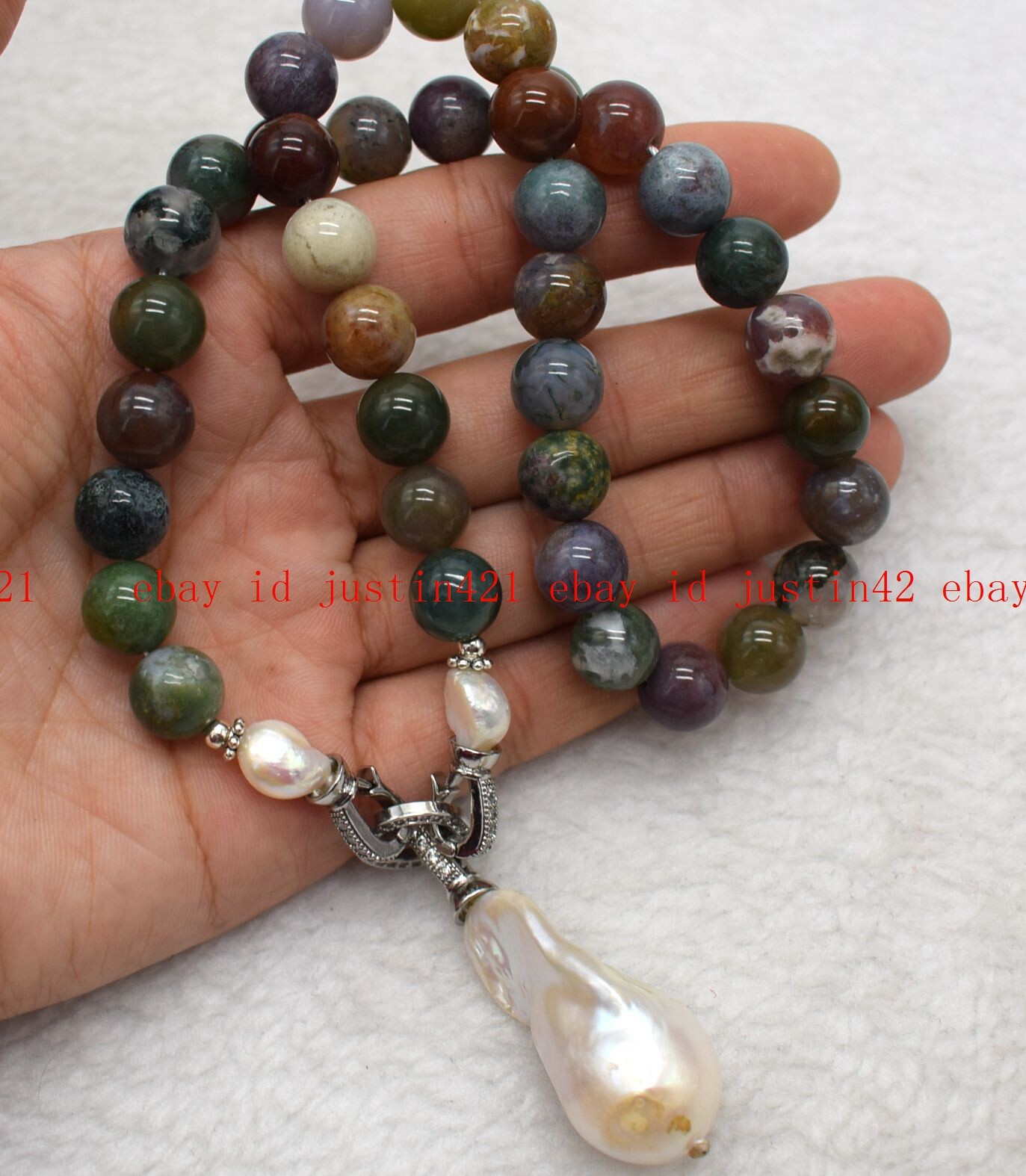Genuine 10mm India Agate Round Gemstone Beads Pearl Pendant Necklace 18 ...