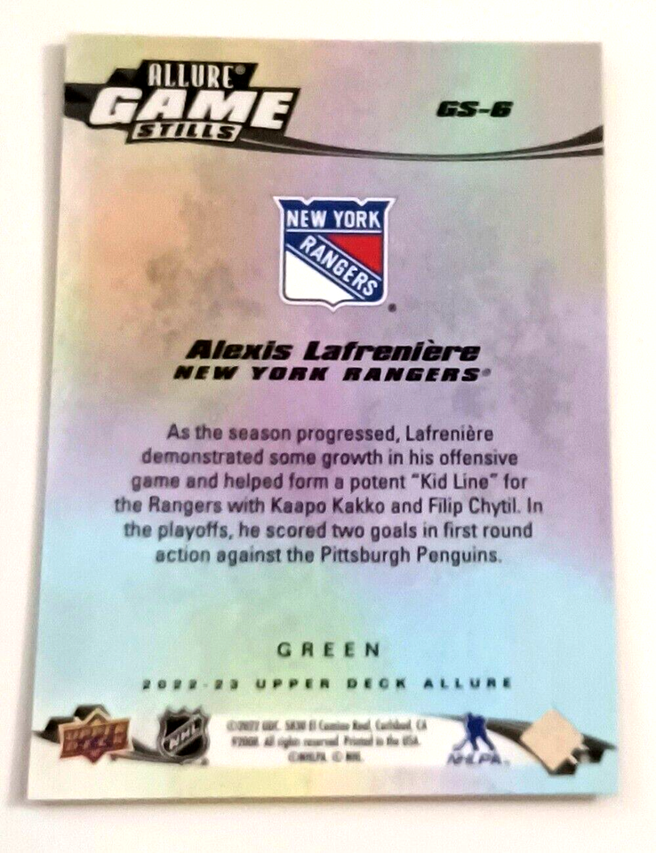 2022-23 ALEXIS LAFRENIERE 18/99 Green Game Stills New York Rangers GS-6 ...