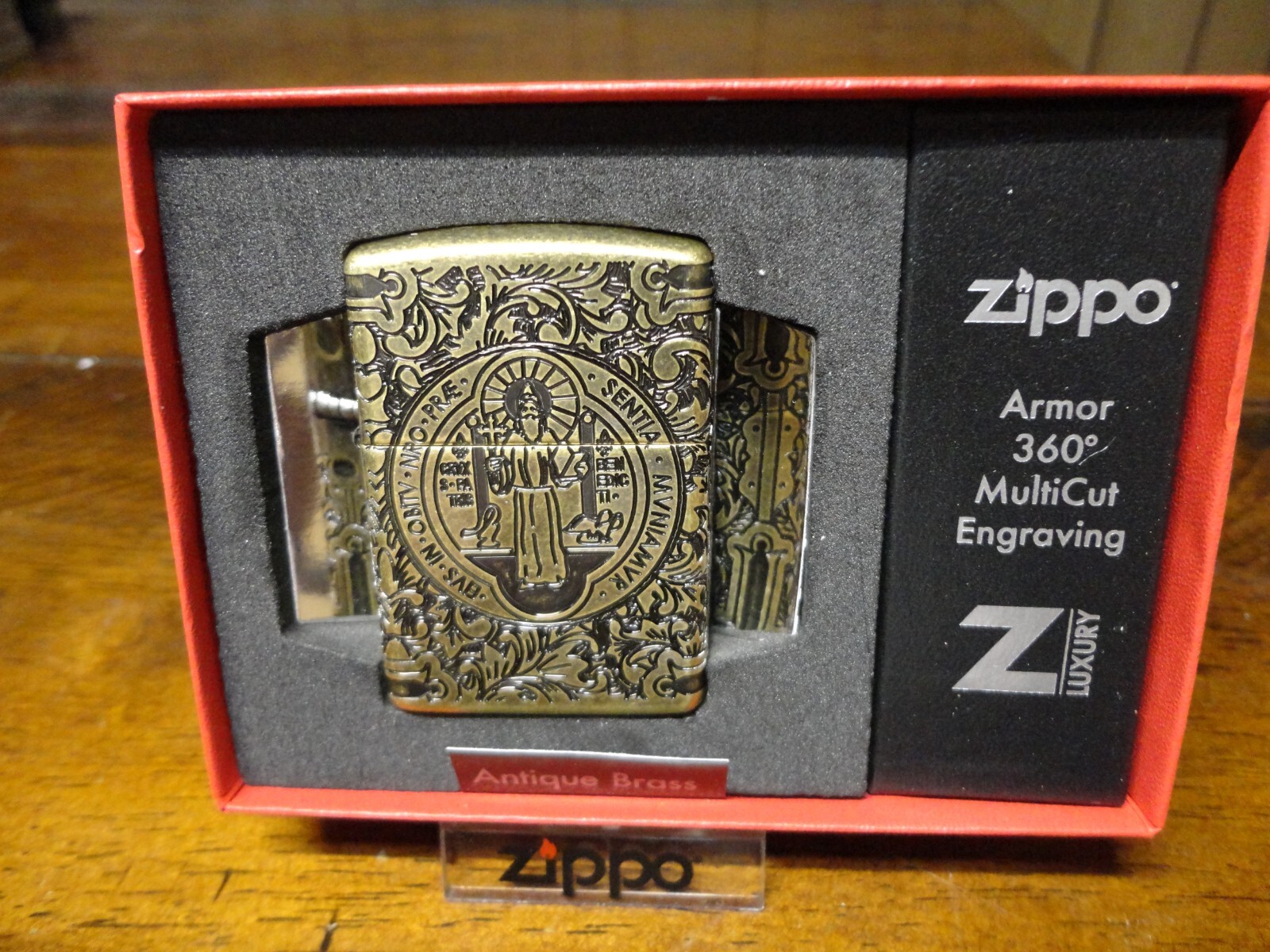 ZIPPO 360 ARMOR ANTIQUE BRASS SAINT BENEDICT ZIPPO LIGHTER MINT IN BOX | eBay
